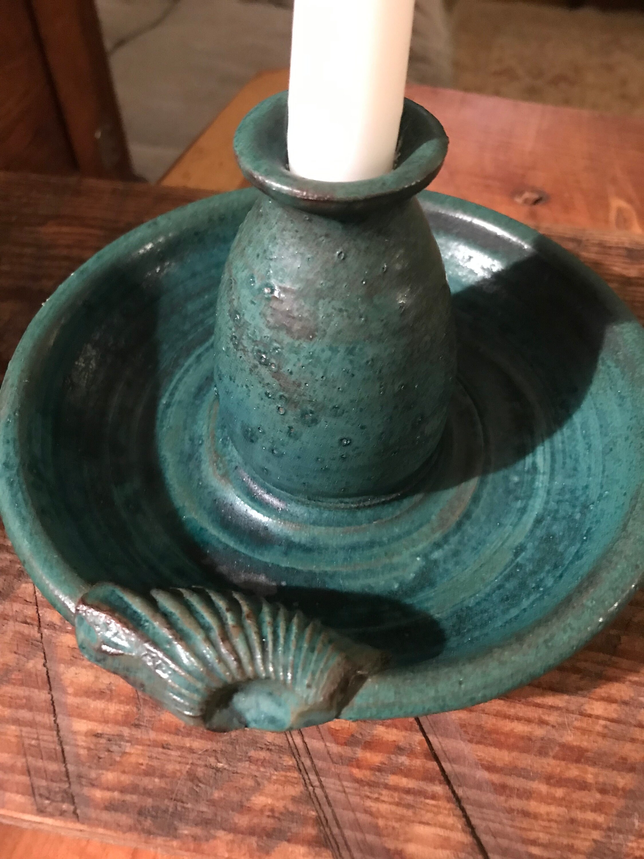 Nancy Smeltzer Teal Handmade Pottery Fireside Lamp Candle Holder With ...
