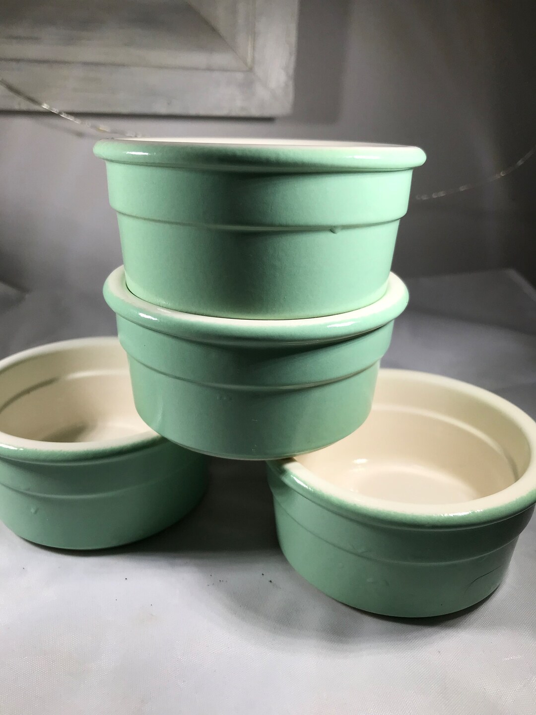 Set of 4 Cermer Ramekin/custard Bowl Dishes in Aqua Blue and Cream - Etsy