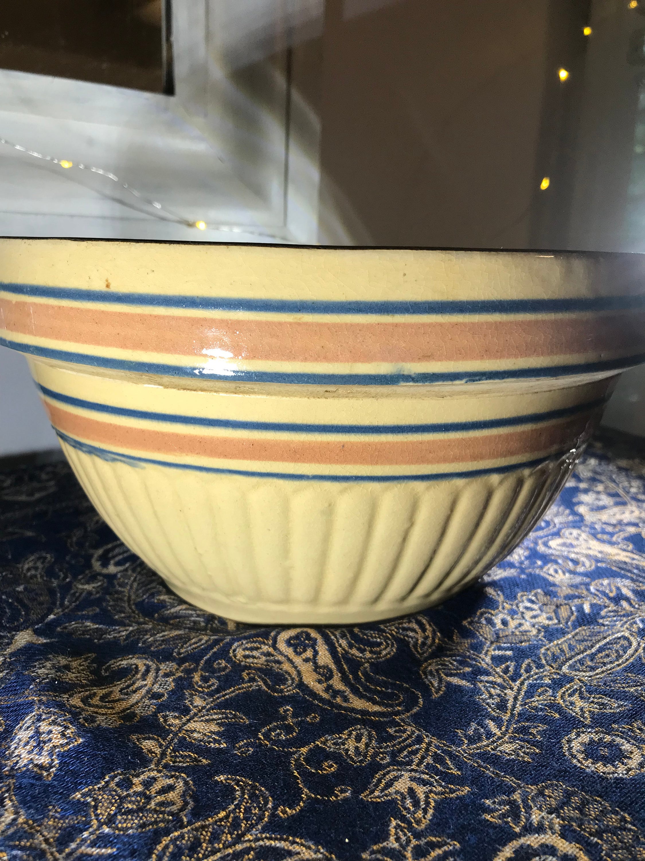 Vintage Primitive Yellow-ware Blue and Pink Ribbed Pottery Bowl - Etsy