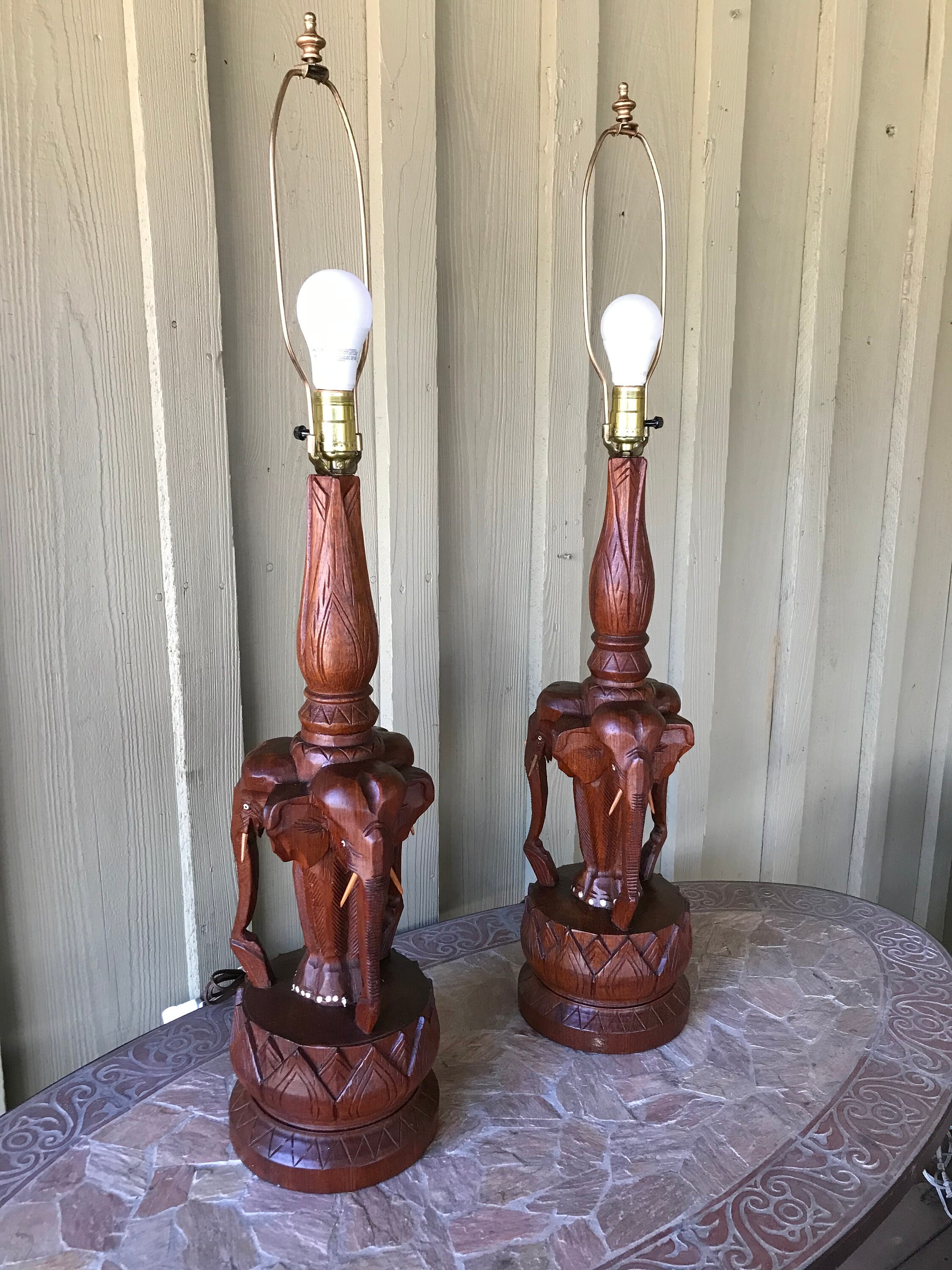 Vintage Hand Carved Teak Wood Elephant Lamps: Sold Individually - Etsy