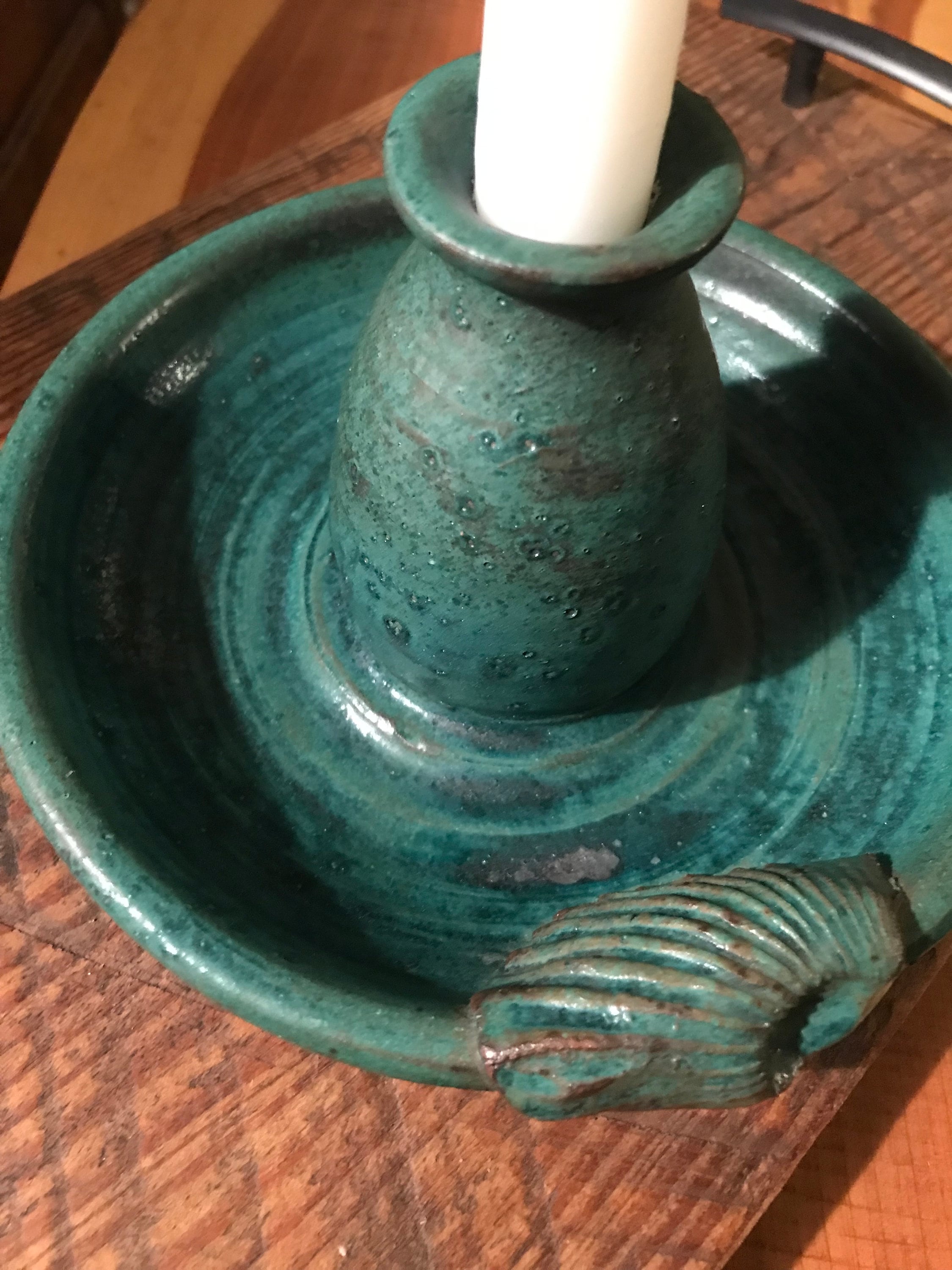 Nancy Smeltzer Teal Handmade Pottery Fireside Lamp Candle Holder With ...