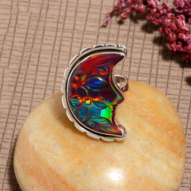 Aurora Opal Moon Ring, 925 Sterling Silver, Gemstone Jewelry - Etsy