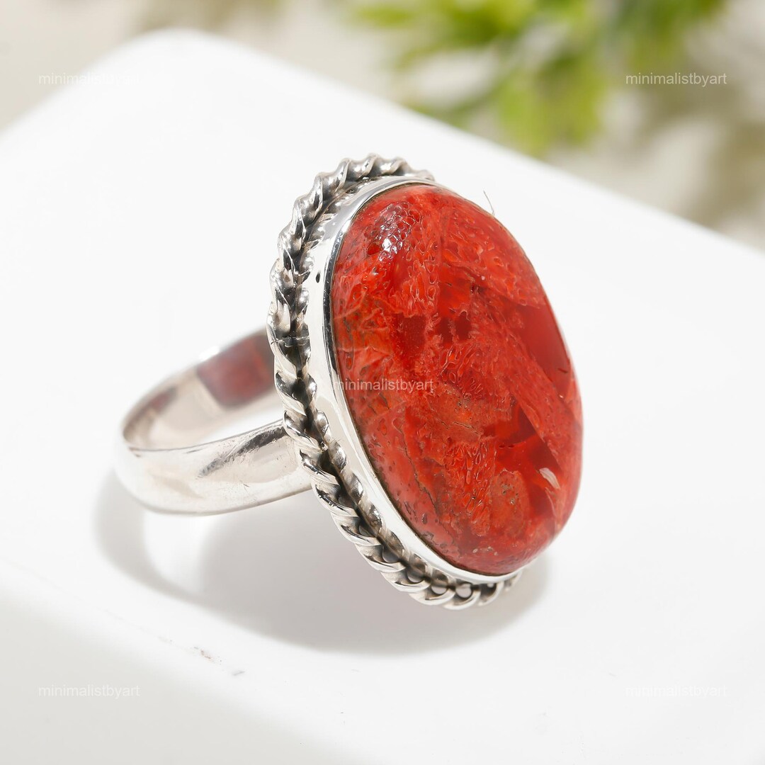 Handmade Natural Coral Ring, Gemstone Ring, Orange Statement Ring, 925 ...