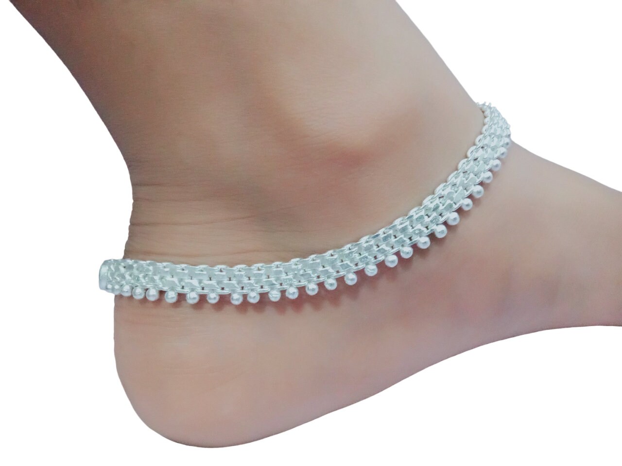 Pure Silver Look Infinity Thin Leg Chain / Anklet With Dotted Balls for Women and Girl in 10.5 ...