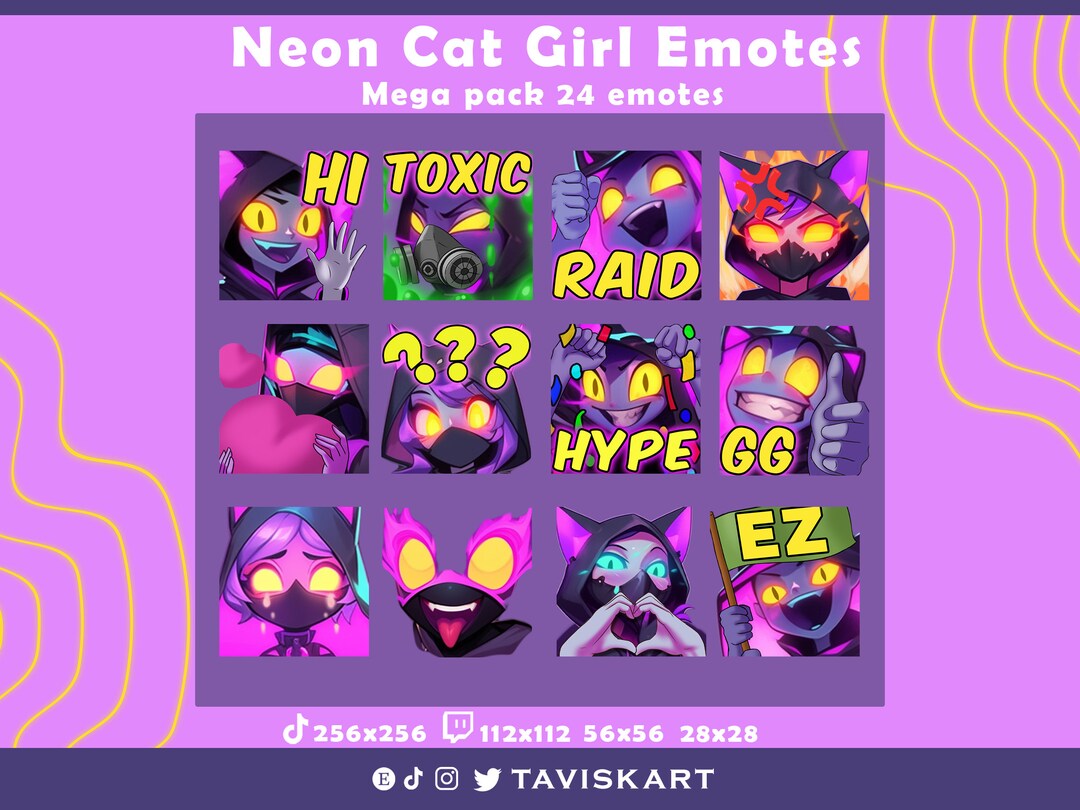 Neon Cat Girl Twitch Emotes, Emote Pack, Twitch Sub Emotes, Text Emotes ...