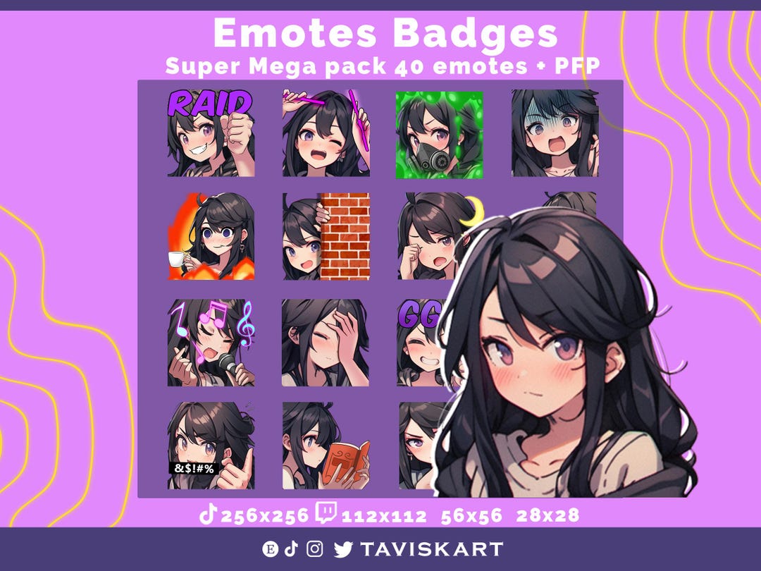Anime Girl Emote Pack: Black Hair, Purple Eyes (40 + PFP) (digital File ...