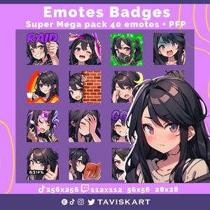 Twitch Emotes and PFP, Black Hair Girl, Purple Eyes, Anime Emotes Pack ...