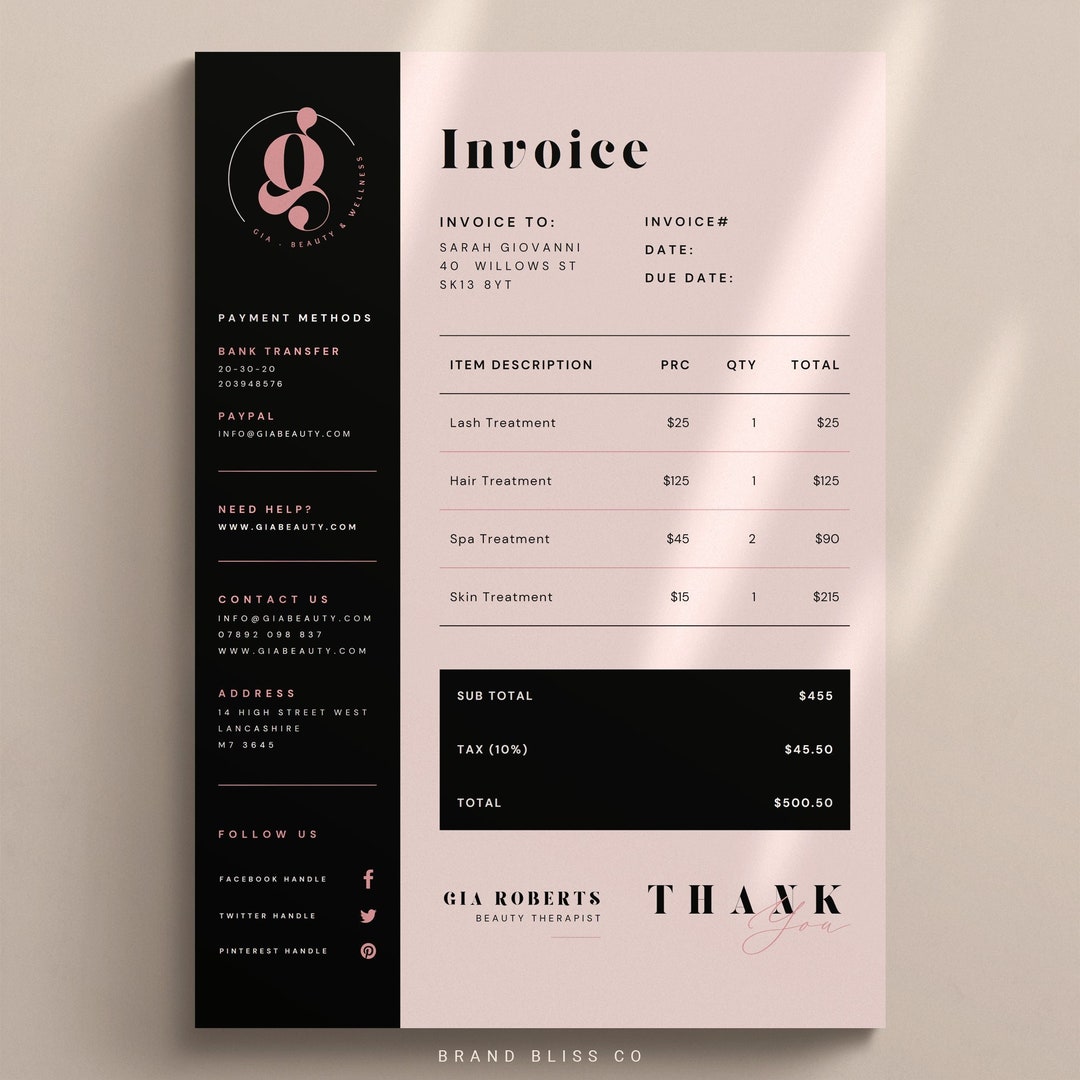 Invoice Template Canva Gia DIY Customer Invoice Template, Salon, Beauty ...