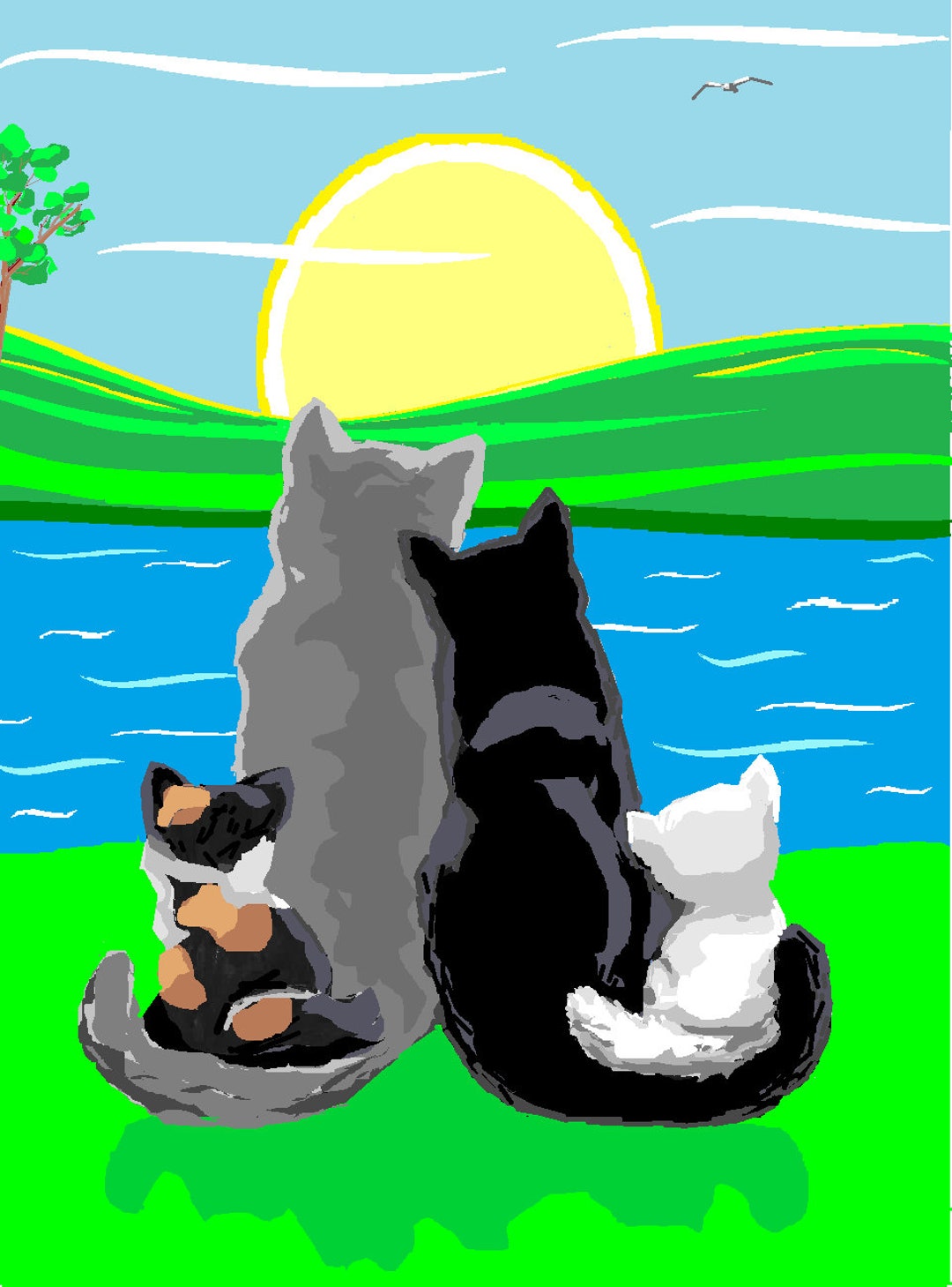Cat Family by the Lake, 8x11 Glossy Print With Matt, Kids Room, Family ...
