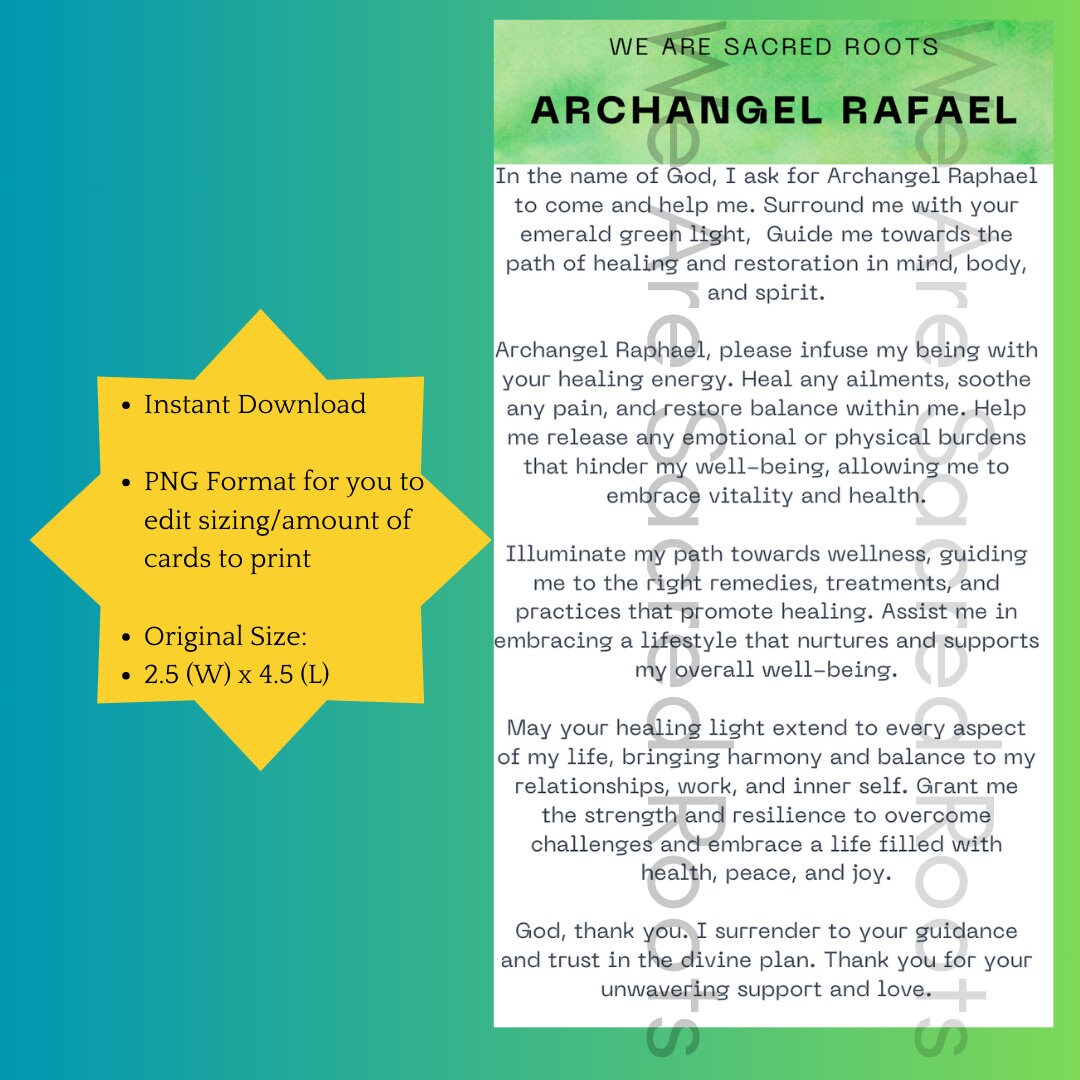 Archangel Rafael Prayer Guide Card, for Protection, Journey, Alleviate ...