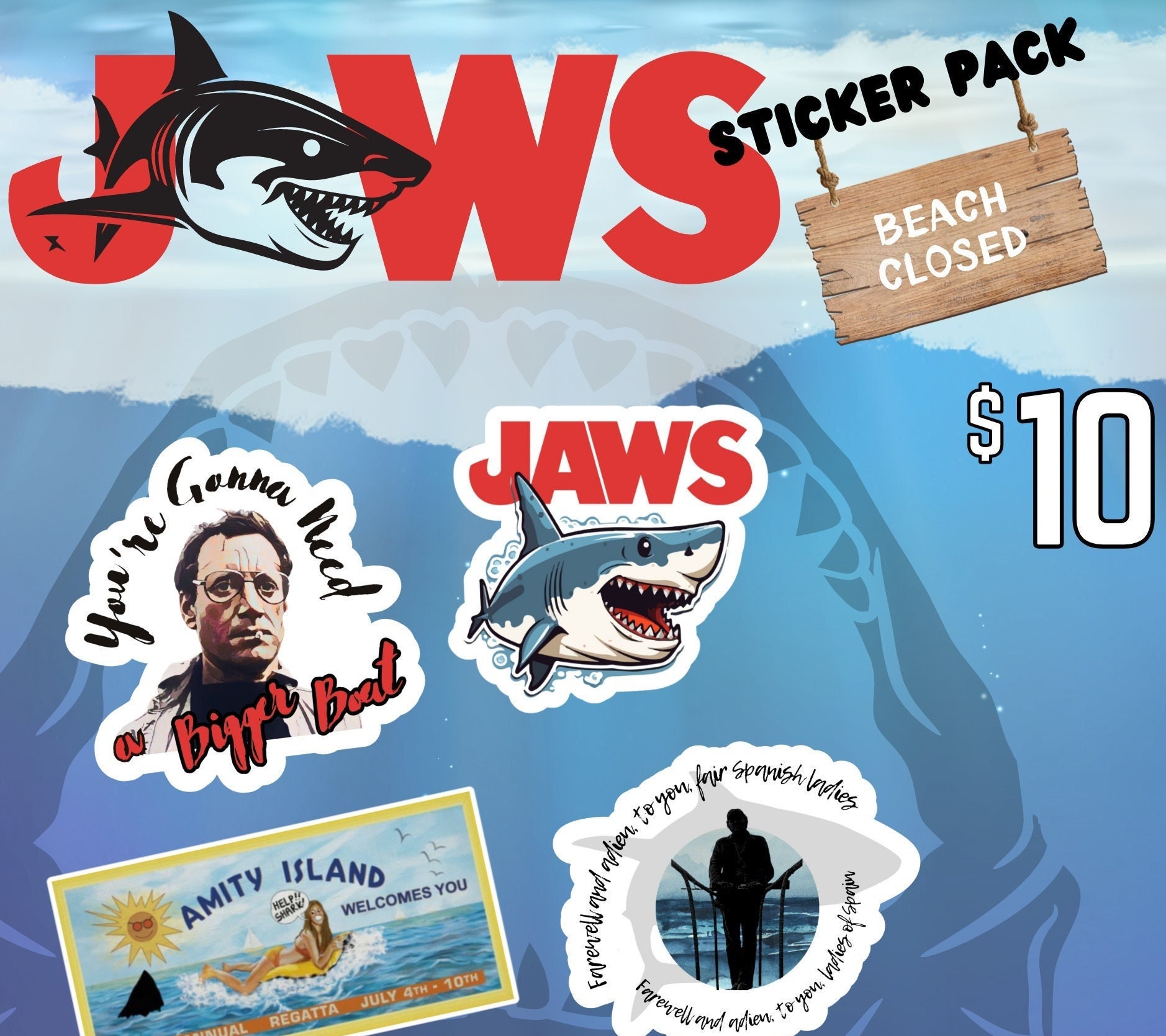 Jaws Sticker Pack, Captain Quint, Chief Brody, Amity Island Laptop ...