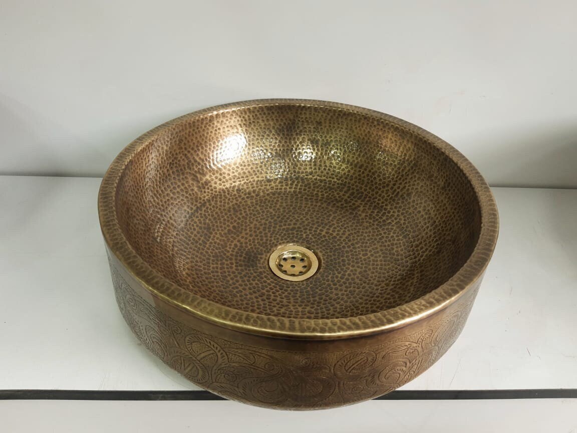 Bathroom Sink Brass Vessel Sink Handcrafted Sink Drop in Round Bronze ...