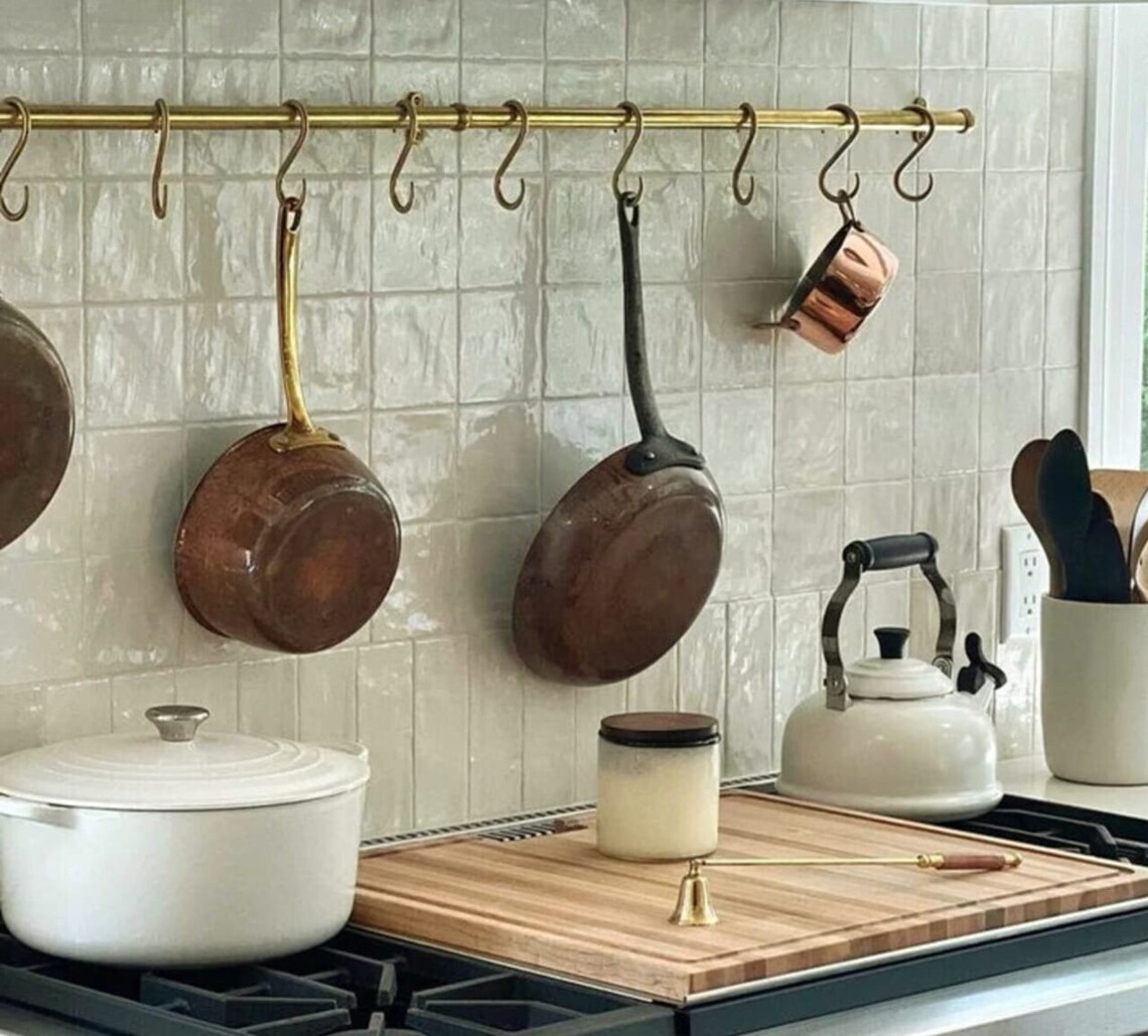 Unlacquered Brass Pot Rack Wall Mount for Kitchen With s Hooks Brass ...