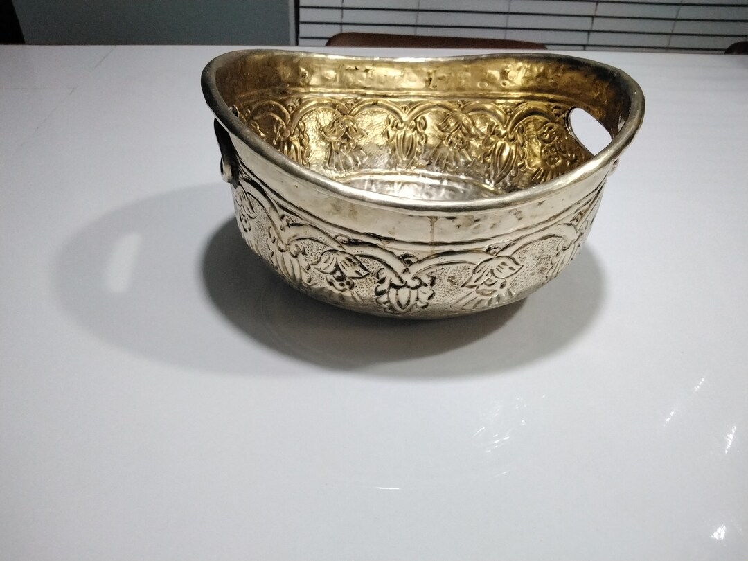 Hammered Solid Brass Bowl With Embossed Patten & Handle Cutouts - Etsy