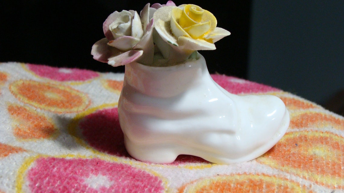 Rose Filled Boot With Pink & Yellow Roses Porcelain Bouquet - Etsy