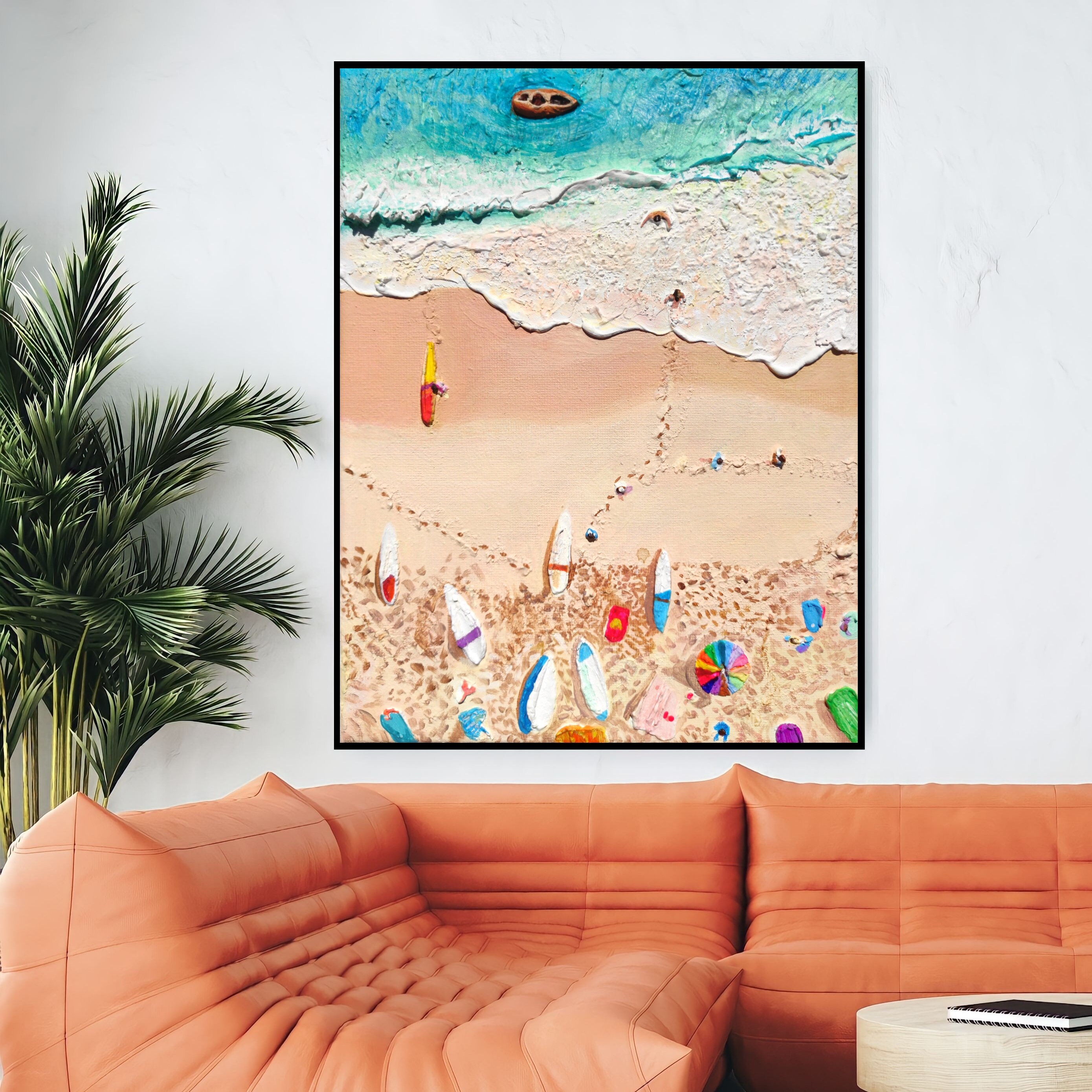 Happy Coast Painting, Swimming Custom Texture Wall Art, Abstract Summer ...