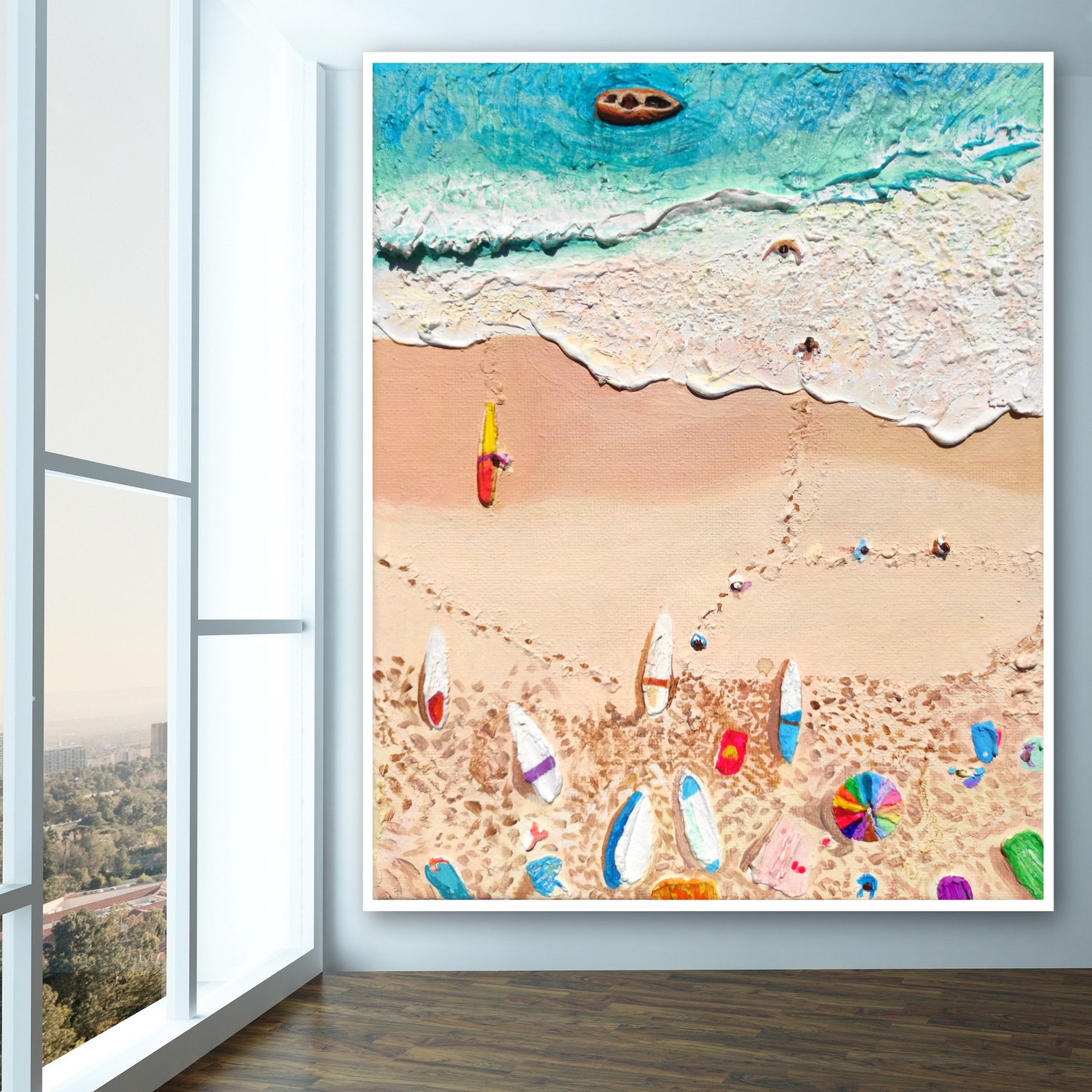 Happy Coast Painting, Swimming Custom Texture Wall Art, Abstract Summer ...