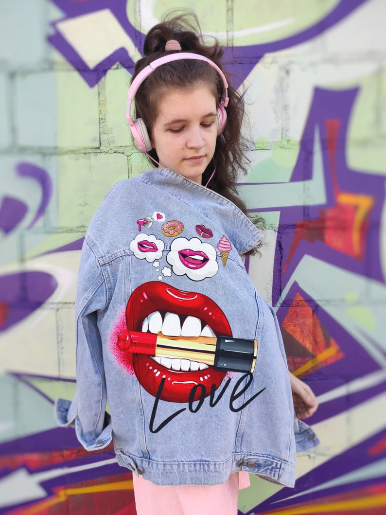 Painted Lips Denim Jacket, Pop Art Clothes, Custom Colorful Retro ...