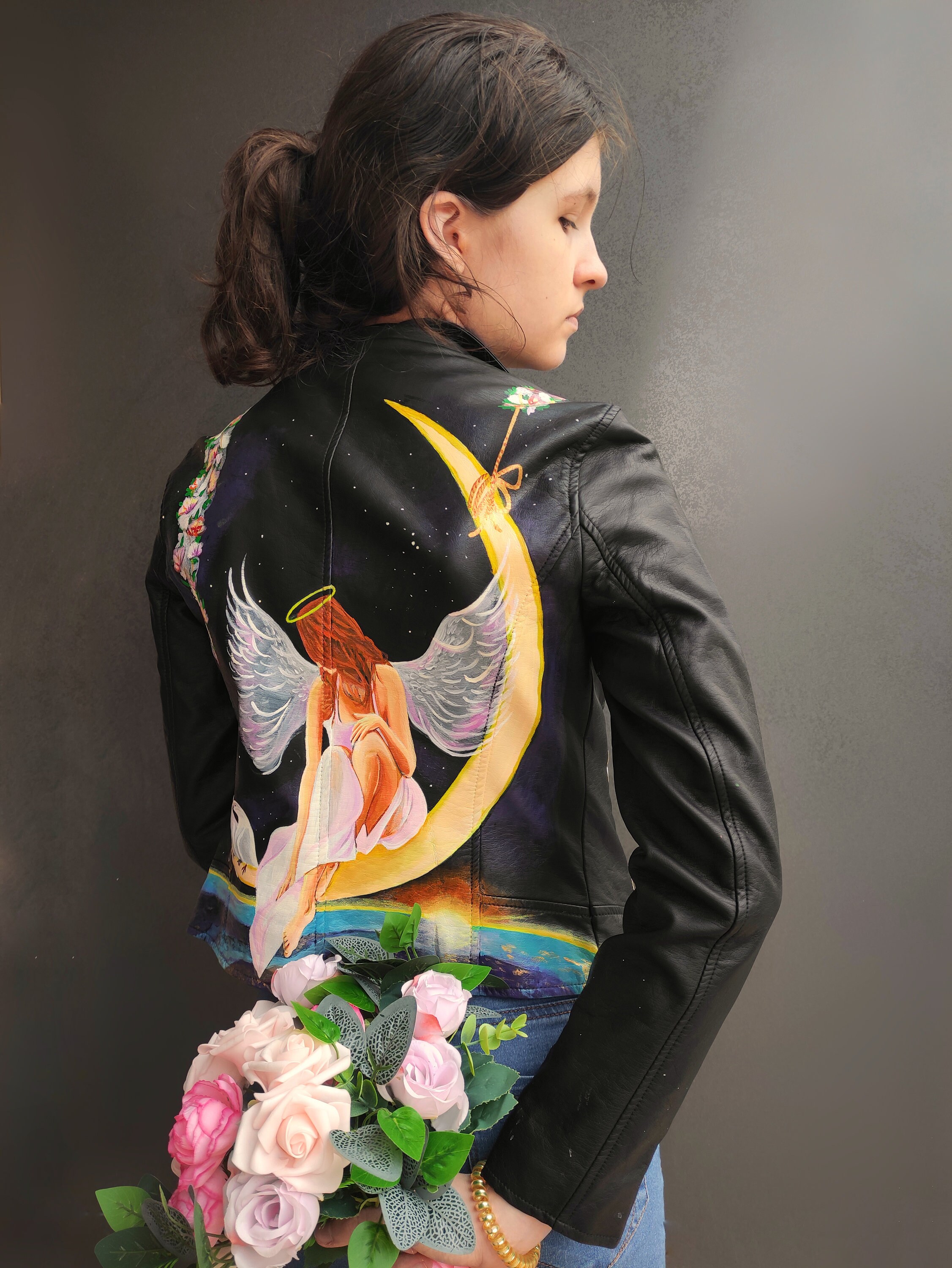 Wedding Painted Angel Wings Jacket, Personalized Bridal Leather Jacket ...