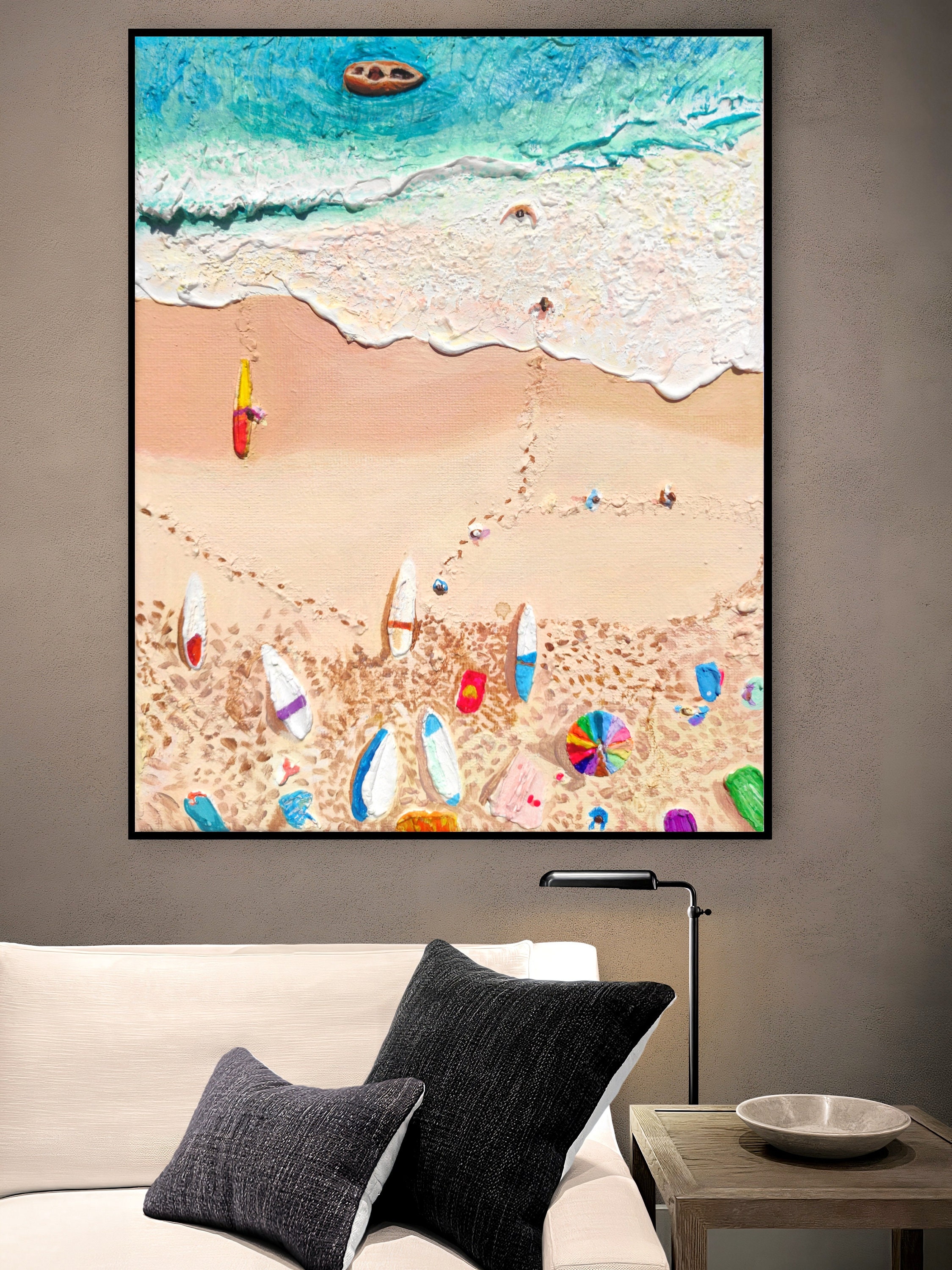 Happy Coast Painting, Swimming Custom Texture Wall Art, Abstract Summer ...