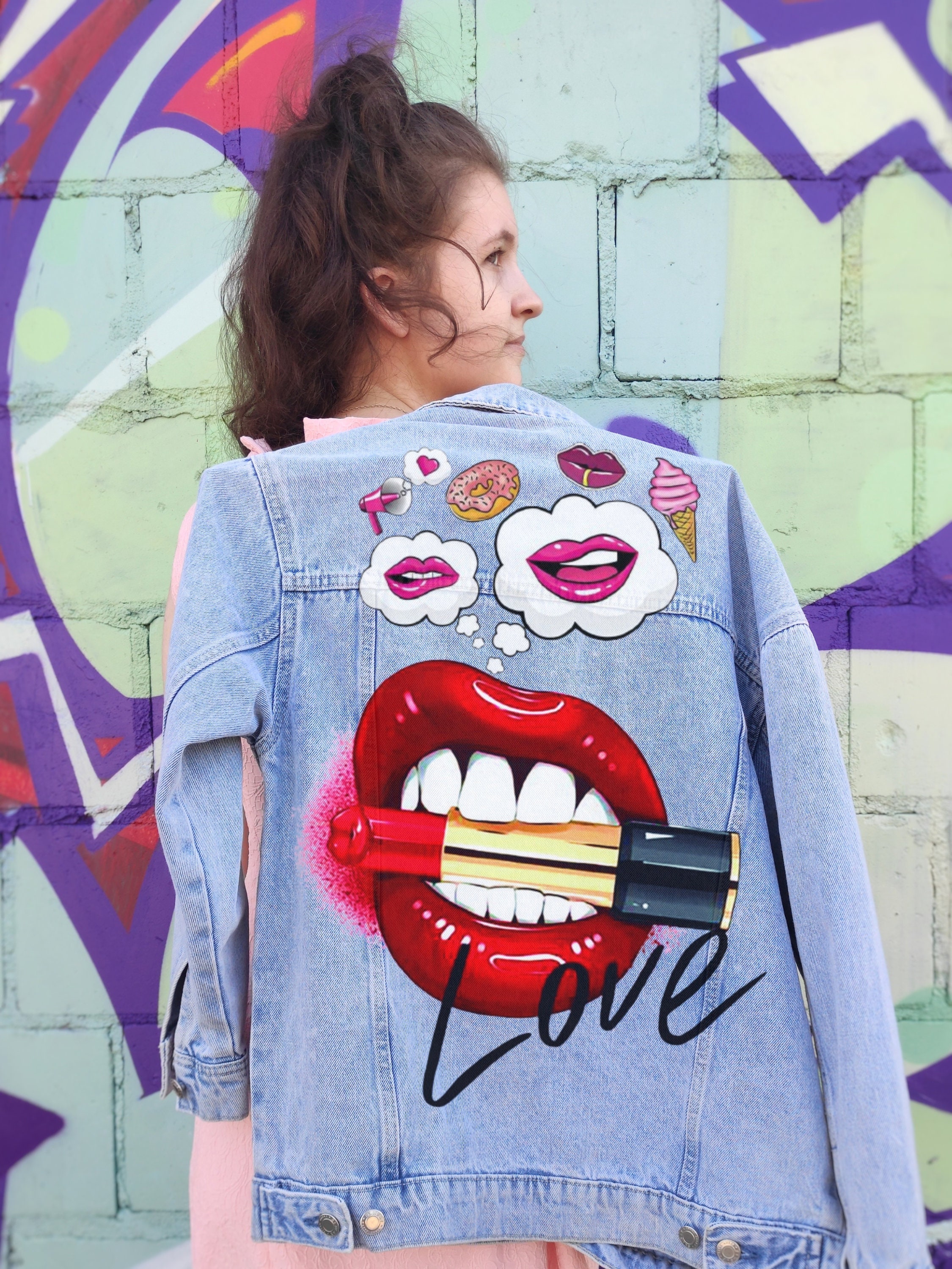 Painted Lips Denim Jacket, Pop Art Clothes, Custom Colorful Retro ...