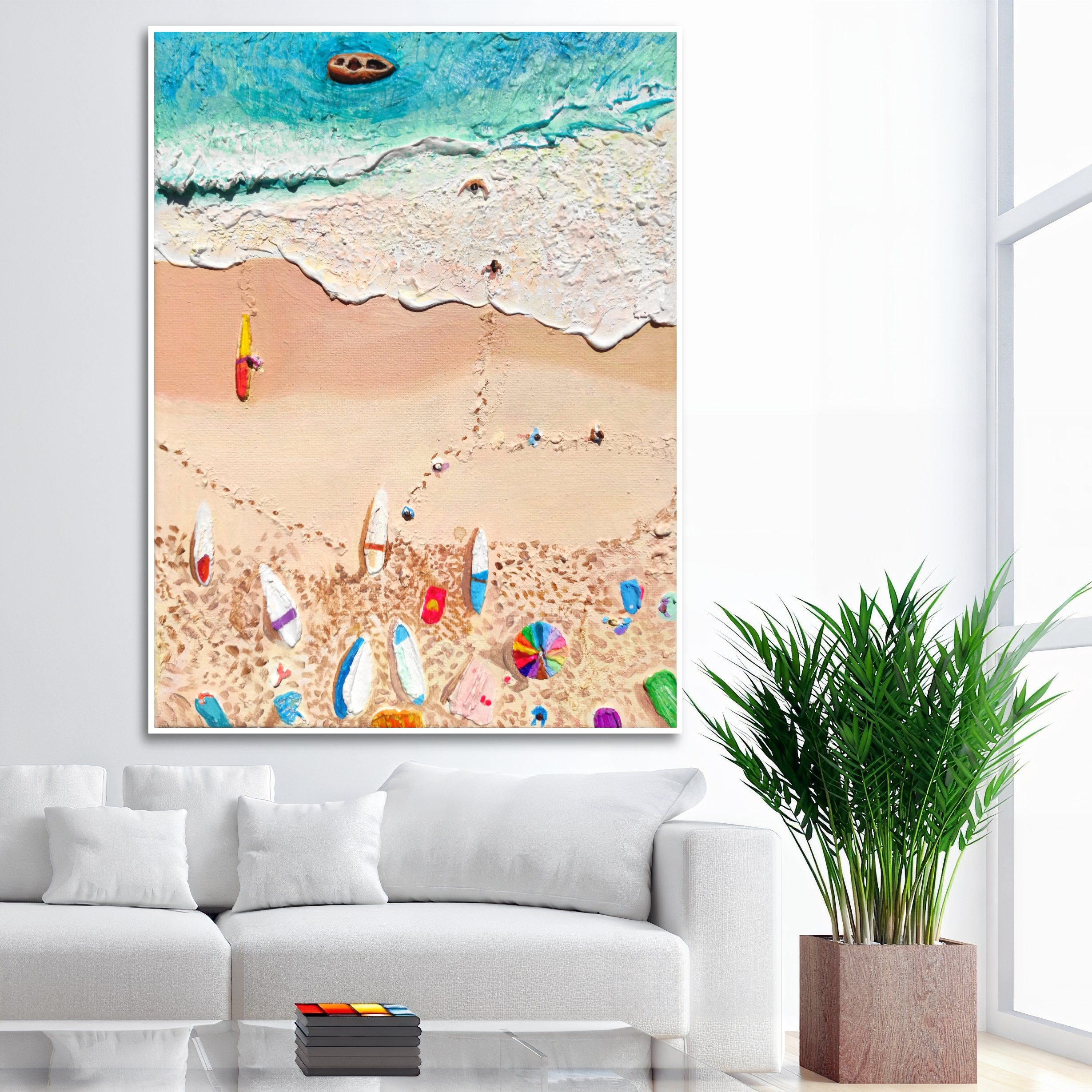 Happy Coast Painting, Swimming Custom Texture Wall Art, Abstract Summer ...