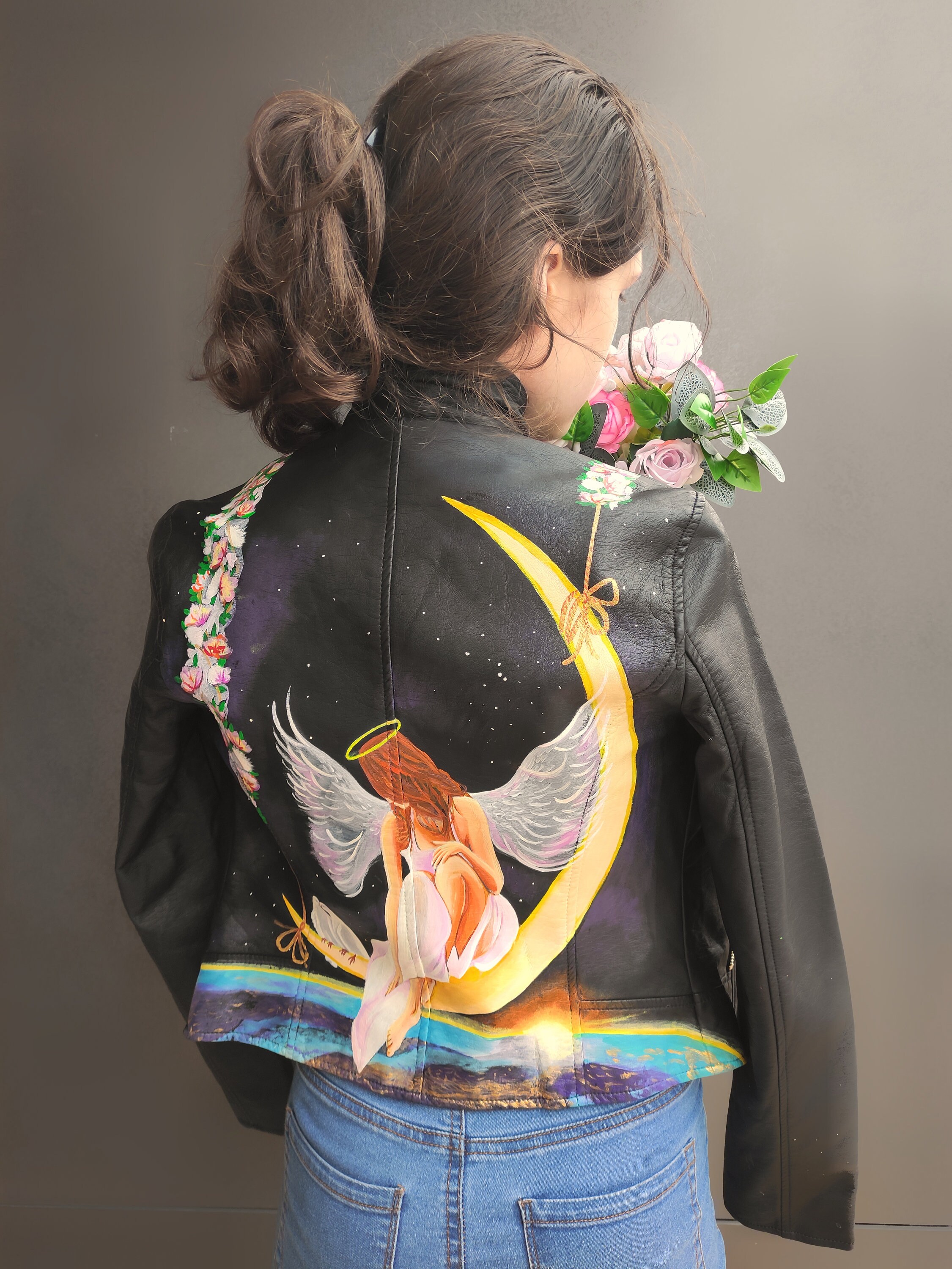 Wedding Painted Angel Wings Jacket, Personalized Bridal Leather Jacket ...