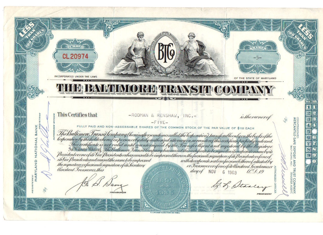 Baltimore Transit Company Stock Certifcate From 1969 - Etsy