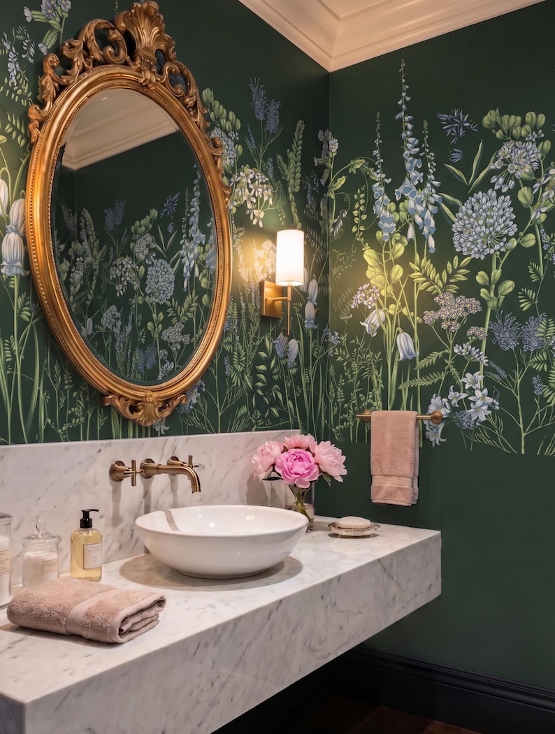 Dark Botanical Wallpaper- Wildflower Wallpaper Mural, Meadow Floral ...