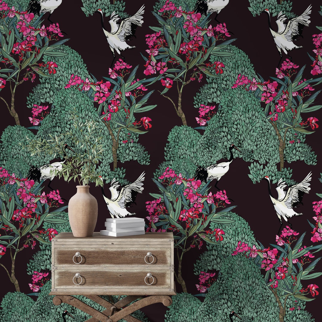 Dark Botanical Wallpaper, Dark Academia Wallpaper, Heron Wallpaper Peel ...