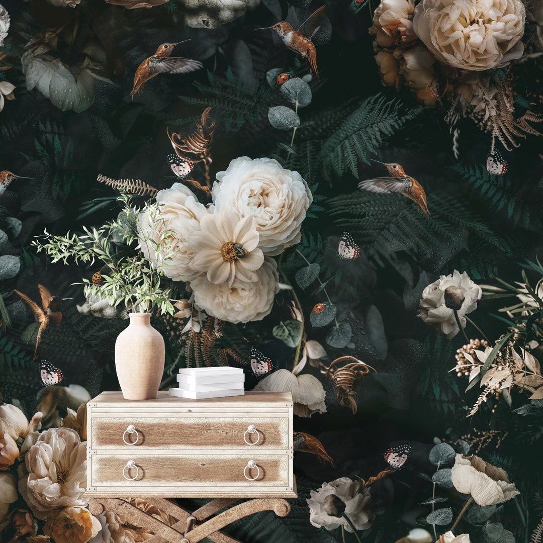 Dark Botanical Wallpaper Moody Wallpaper Peel And Stick Roses Wallpaper With Birds Wallpaper