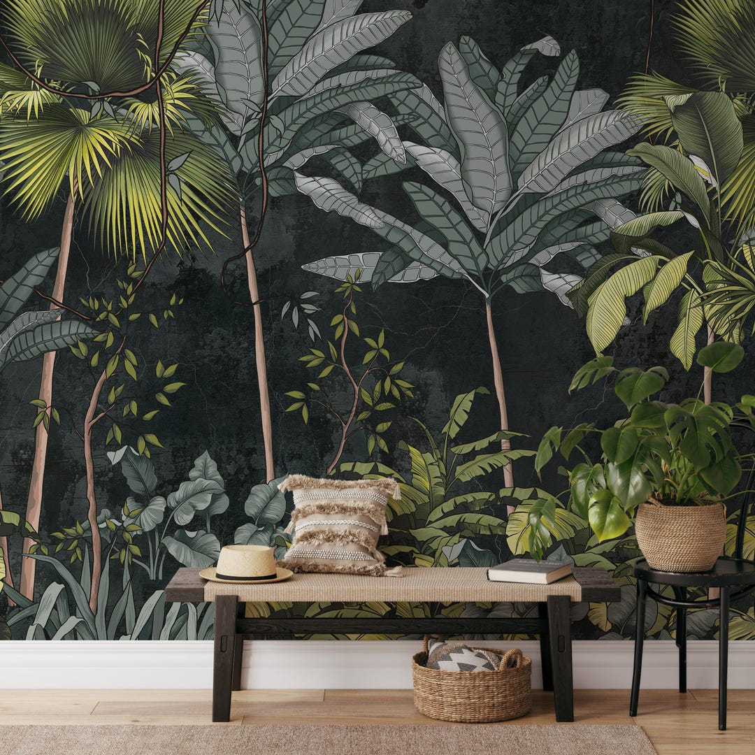 Dark Botanical Jungle Wallpaper, Peel and Stick Tropical Flowers - Etsy