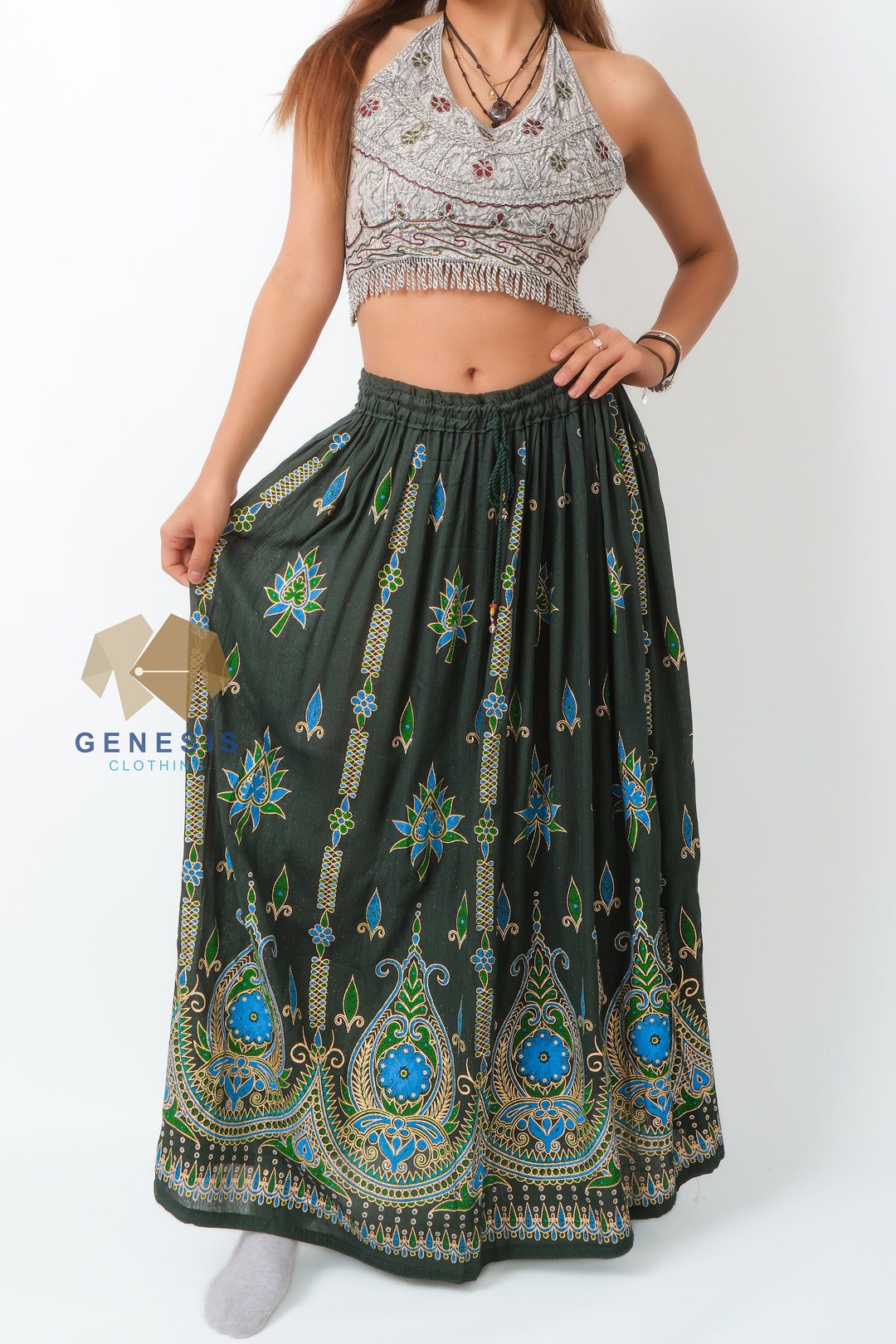 GENESIS Rayon Indian Sequin Maxi Skirt Floral Hippie Boho Gypsy Yoga ...