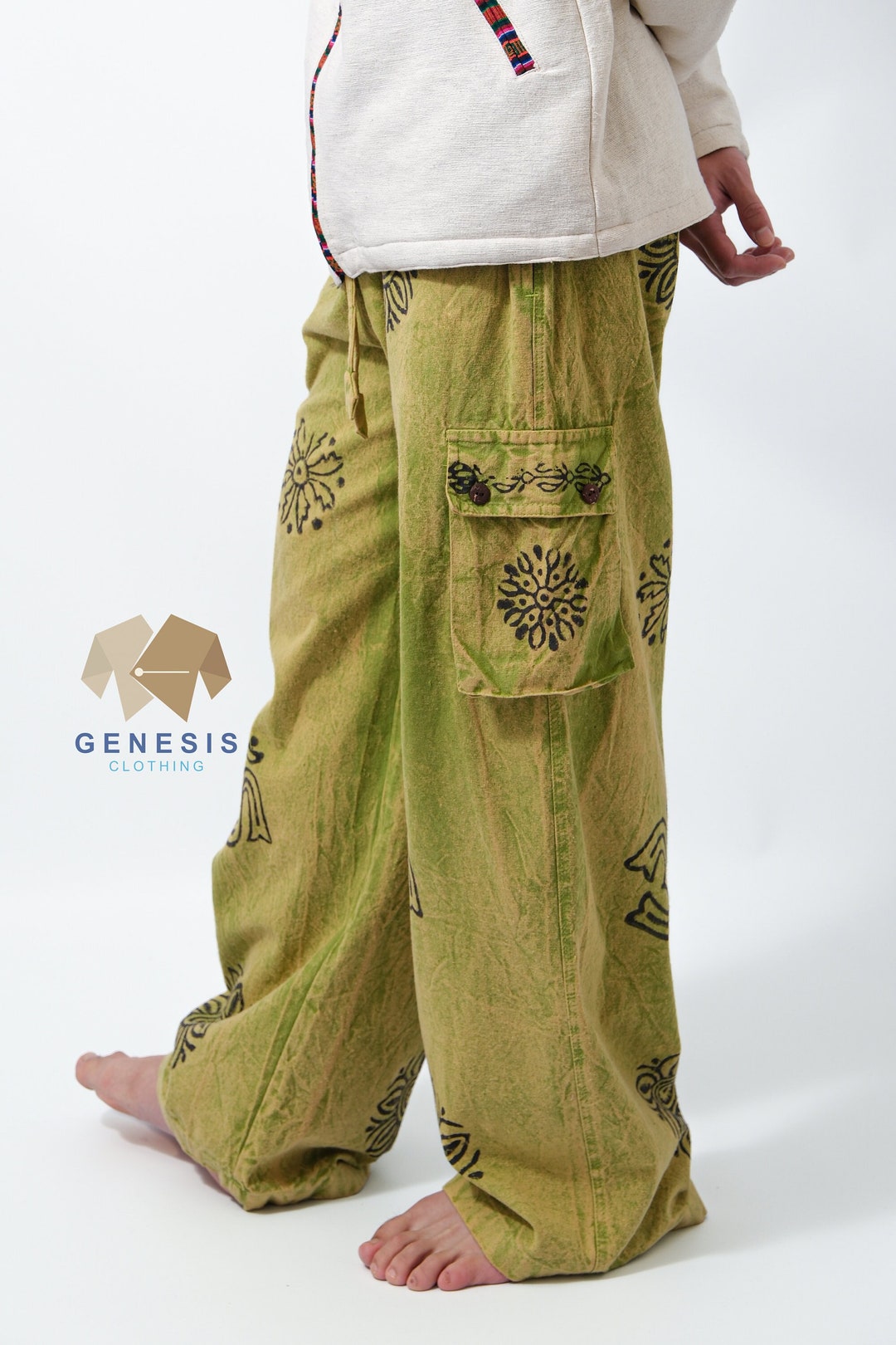 GENESIS Stone Washed Cargo Block Printed Hippie Harem Boho Funky ...