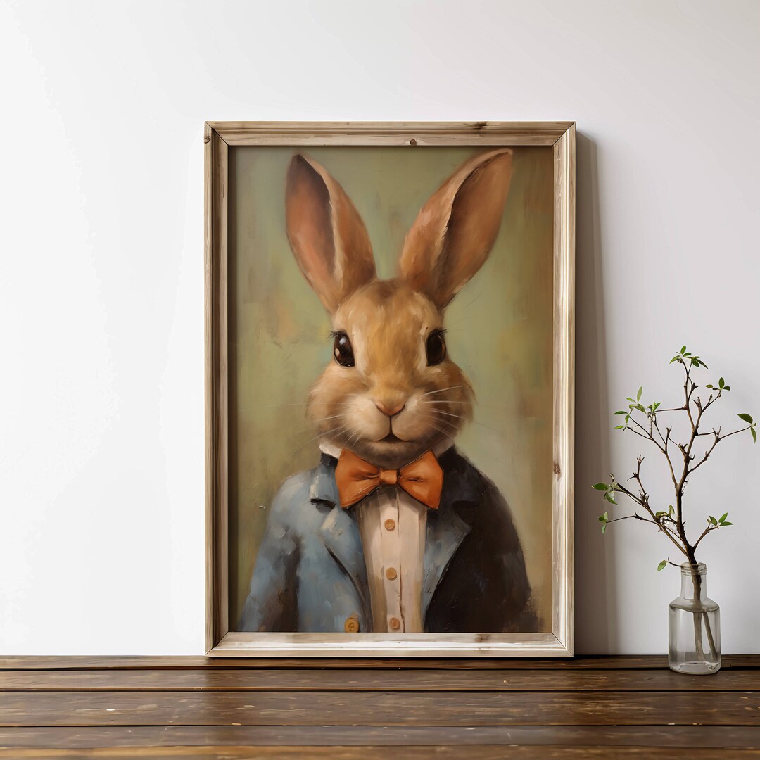 Printable Rabbit Vintage Oil Painting Cottagecore Wall Art Decor ...