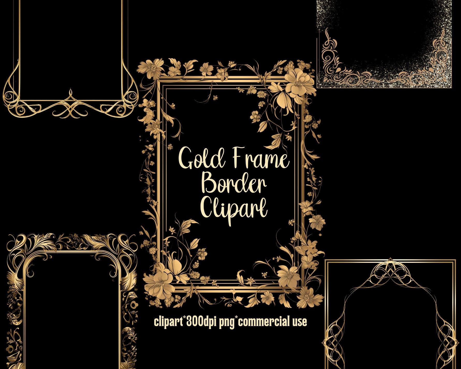 Gold Frame Borders Clipart PNG Instant Download Commercial Use Vintage ...