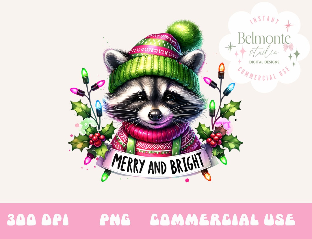 Merry and Bright Raccoon PNG, Tangled Christmas Lights Digital Download ...