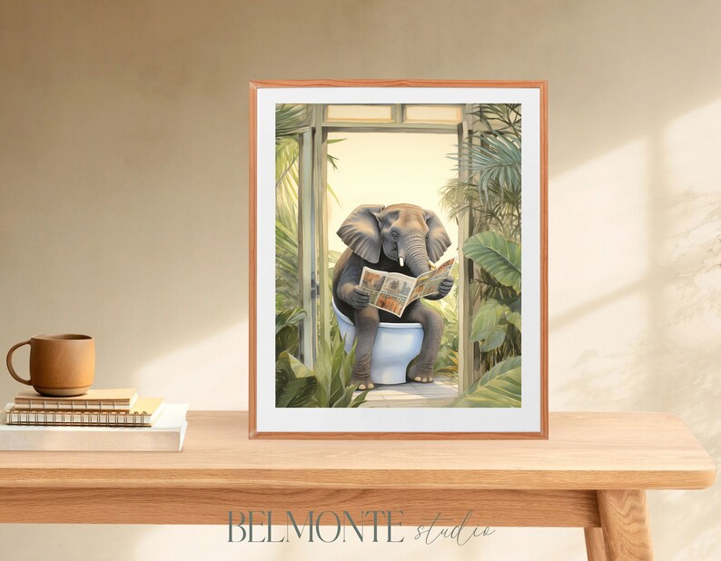 Elephant on Toilet Botanical Animal Print Maximalist Animal in Bathtub ...