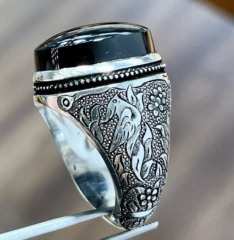 Authentic Yemeni Akik Aqeeq Stone Ring Rare Natural Black Agate Yamani ...