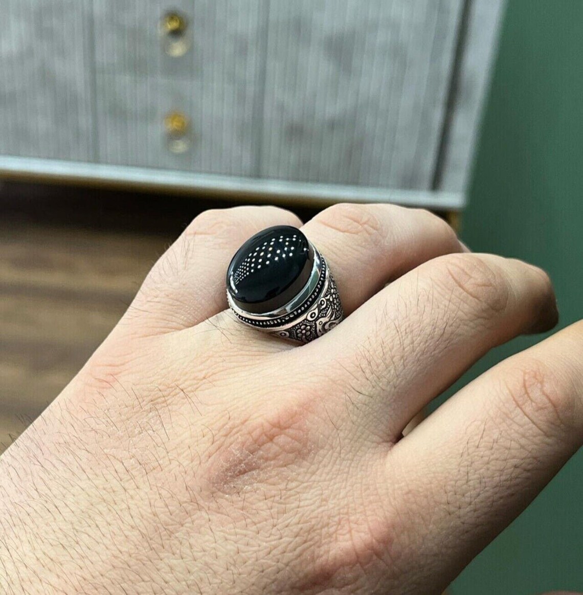 Authentic Yemeni Akik Aqeeq Stone Ring Rare Natural Black Agate Yamani ...