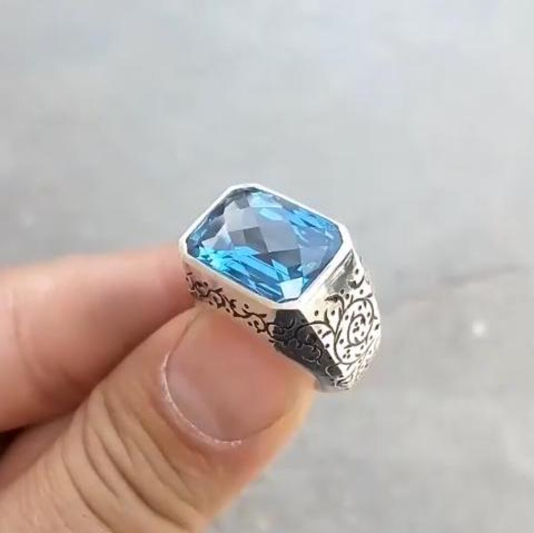 Natural Blue Topaz Ring Mens Original Topaz Gemstone Ring Real Blue ...