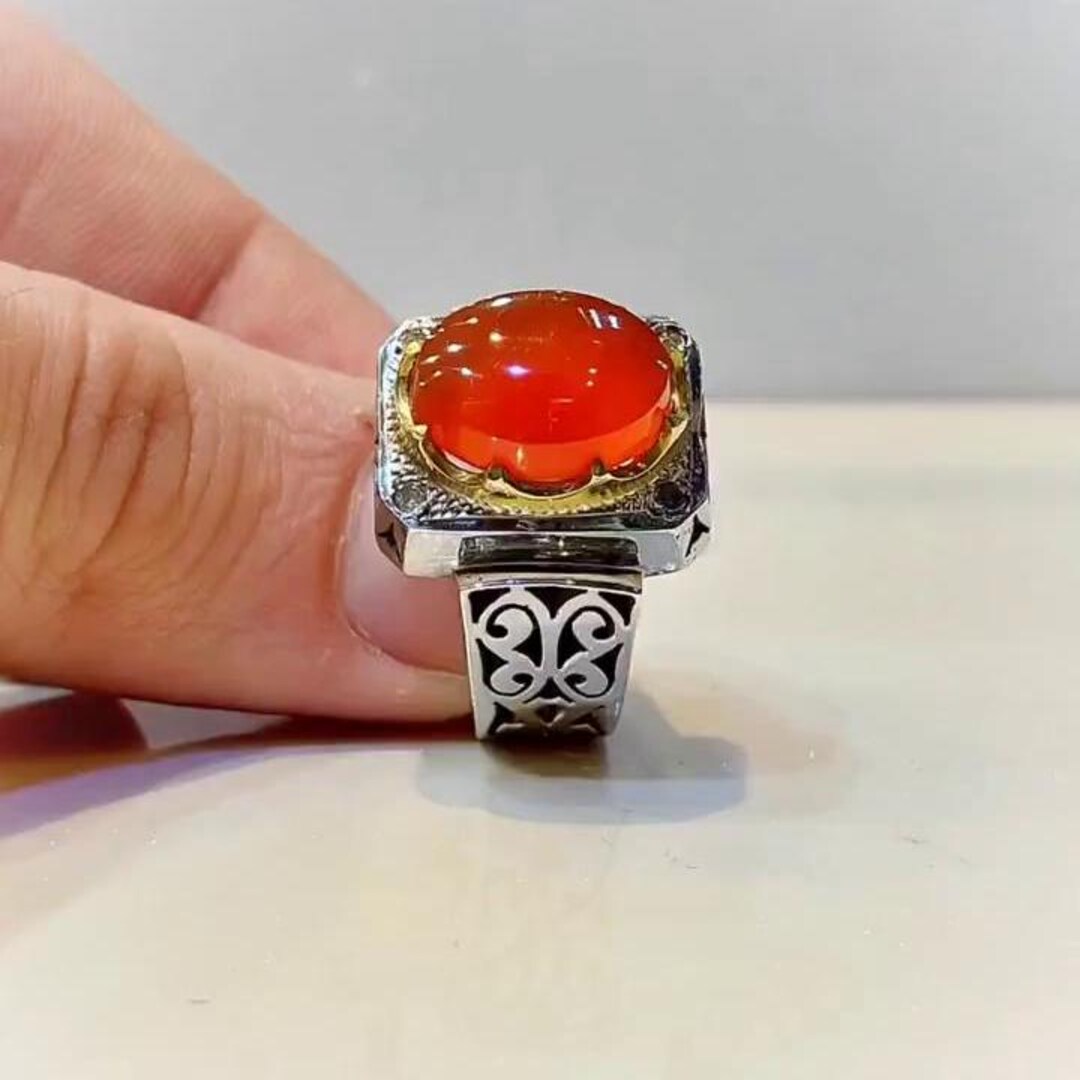 Authentic Yemeni Aqeeq Ring - Natural Red Aqeeq Gemstone Luxury Ring ...