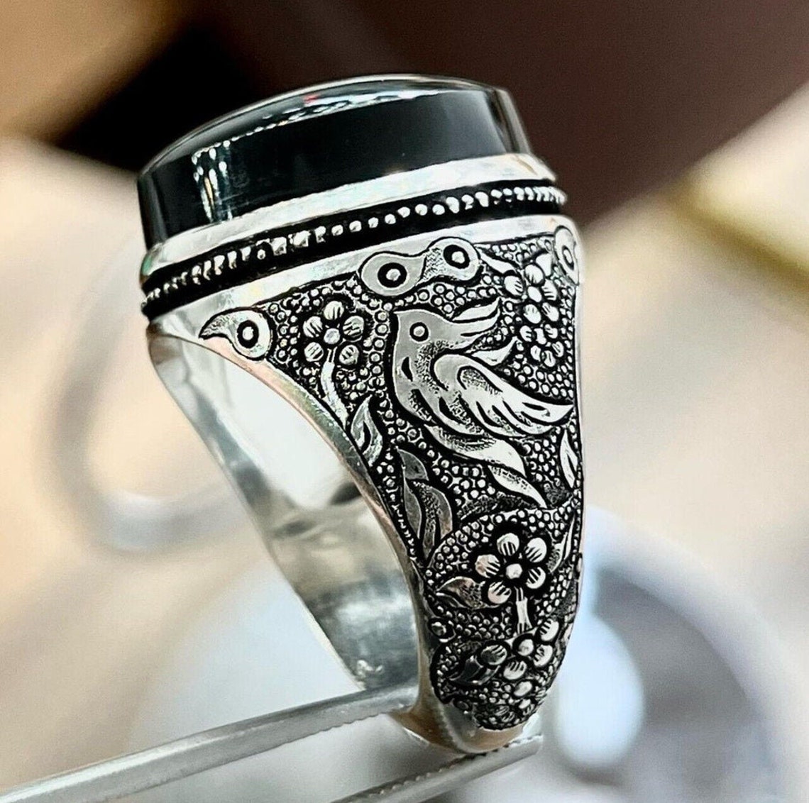 Authentic Yemeni Akik Aqeeq Stone Ring Rare Natural Black Agate Yamani ...