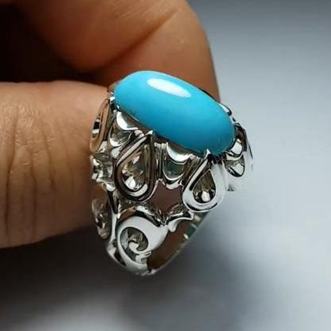 Natural Feroza Stone Ring for Men Real Turquoise Stone Ring in Sterling ...