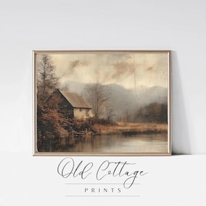 Rustic Cabin Digital Download | Autumn Lake Cottage Wall Art | Vintage ...