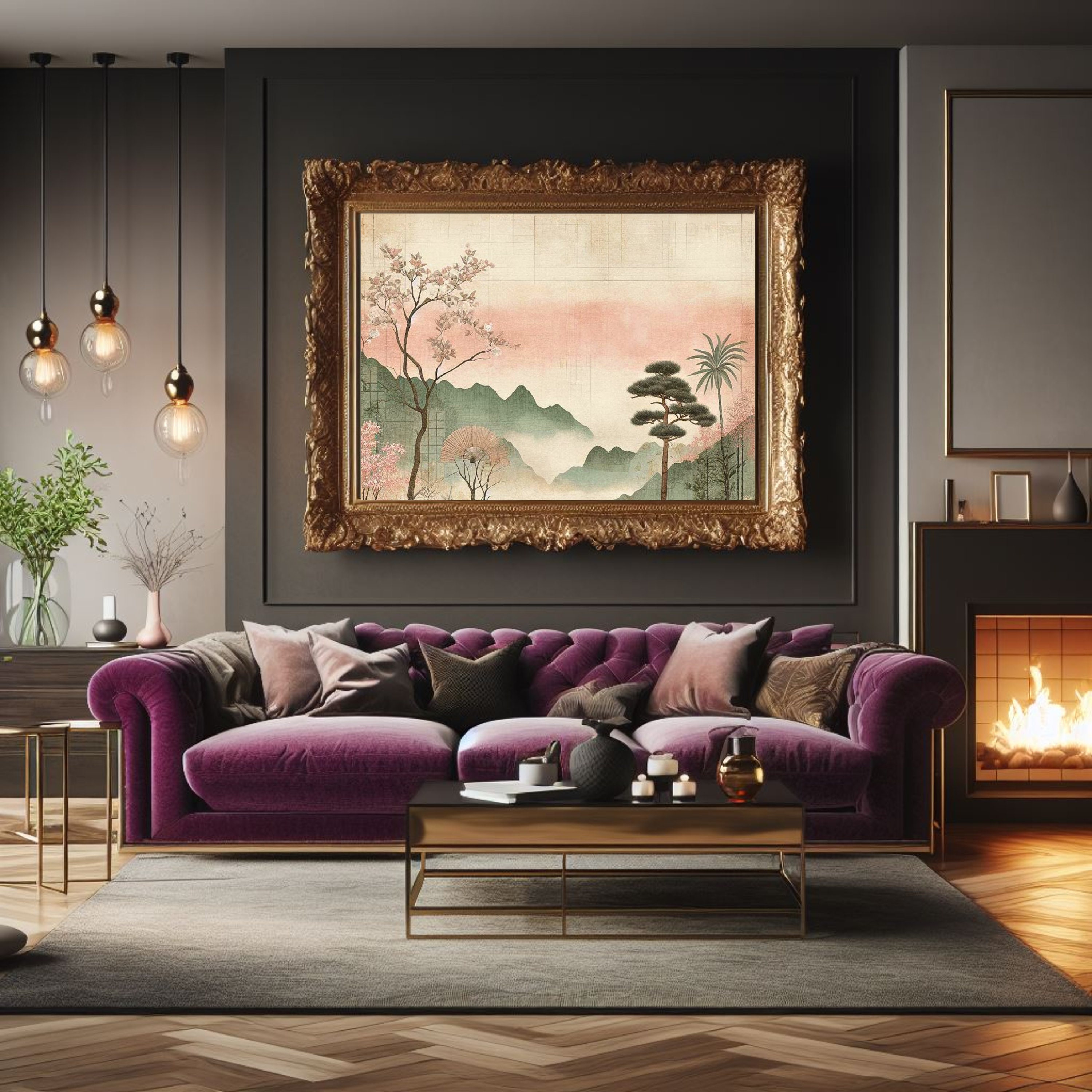Japanese Nature Mountains Landscape Pink Accents, Japanese Decor ...