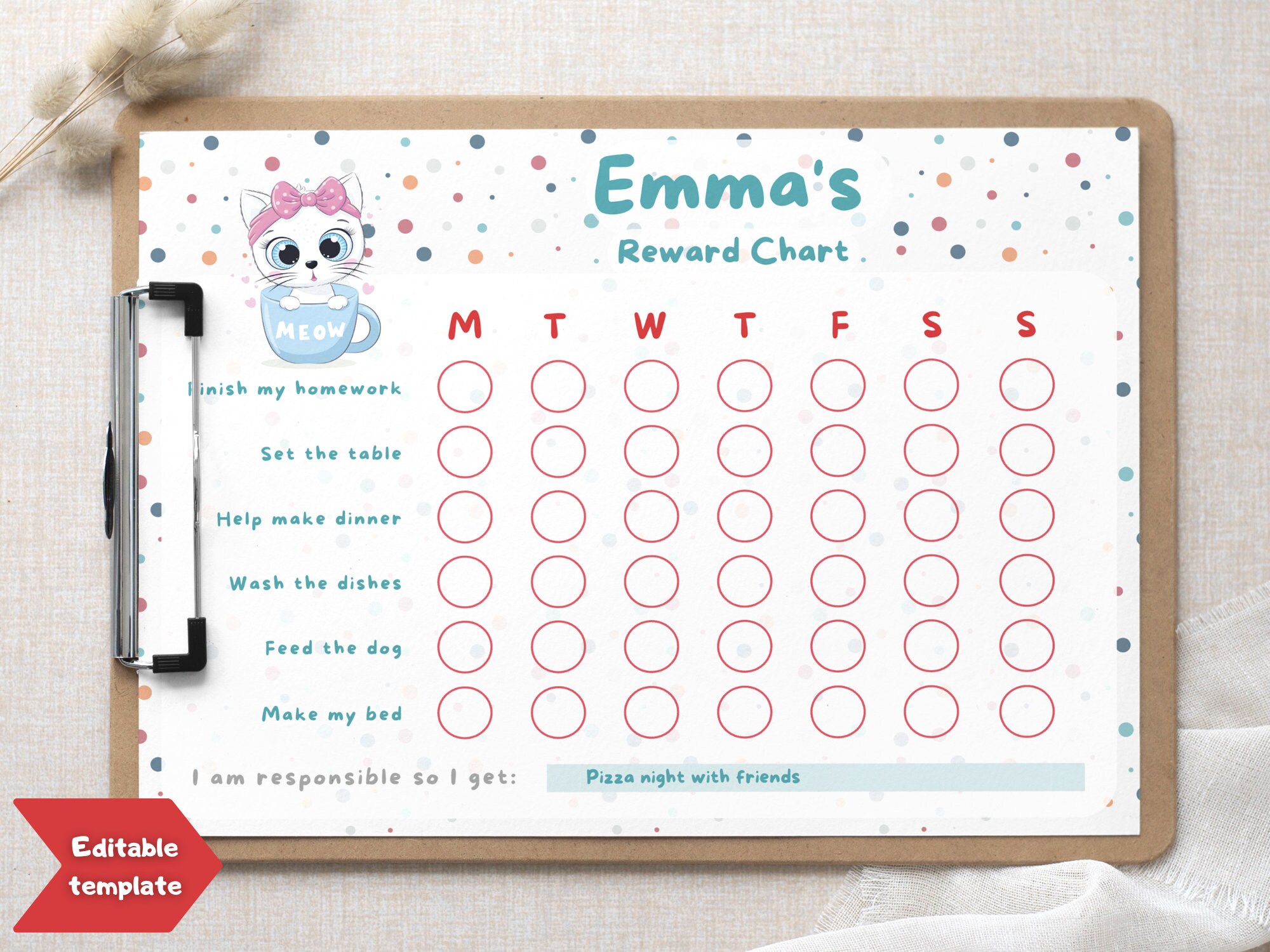 Reward Chart for Multiple Kids, Set of 2 Editable Printable Cats Chore ...