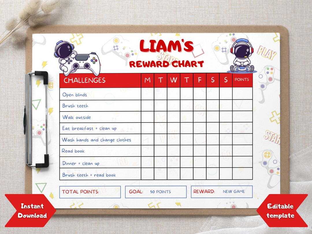 Video Game Reward Chart, EDITABLE Chore Chart, Boys Reward Chart ...