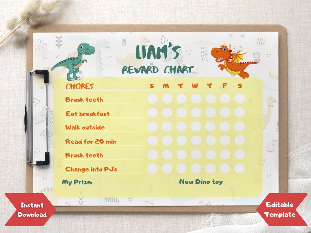 Reward Chart Dinosaur EDITABLE Chore Chart Reward Chart for - Etsy
