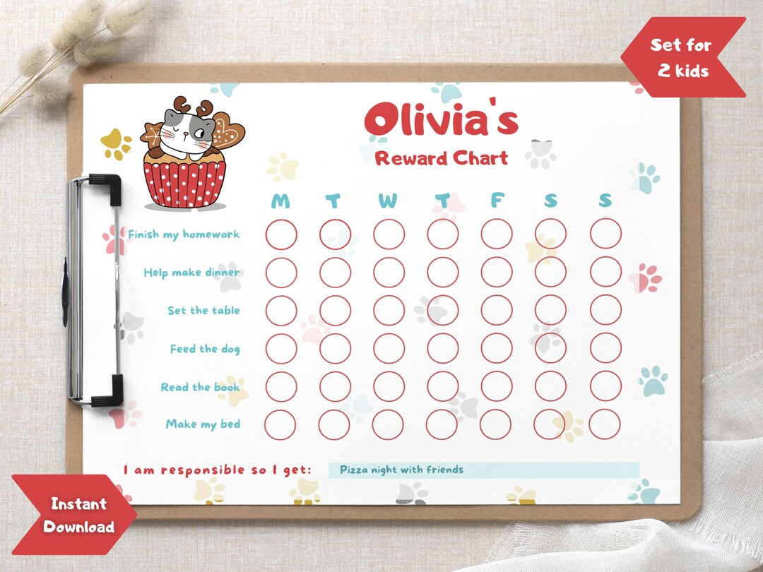 Reward Chart for Multiple Kids, Set of 2 Editable Printable Cats Chore ...